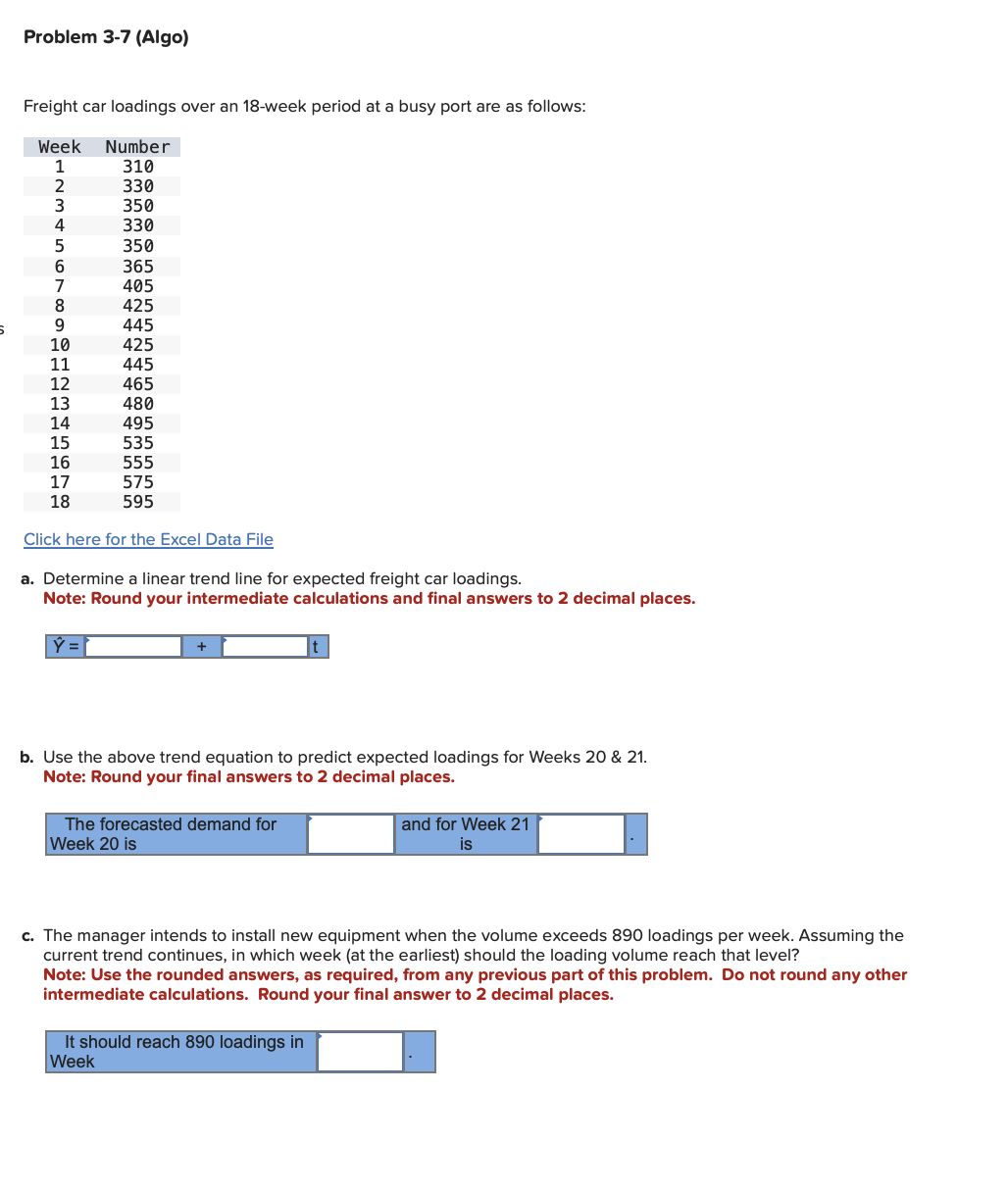Solved Problem 3-7 (Algo) ﻿Freight car loadings over an | Chegg.com