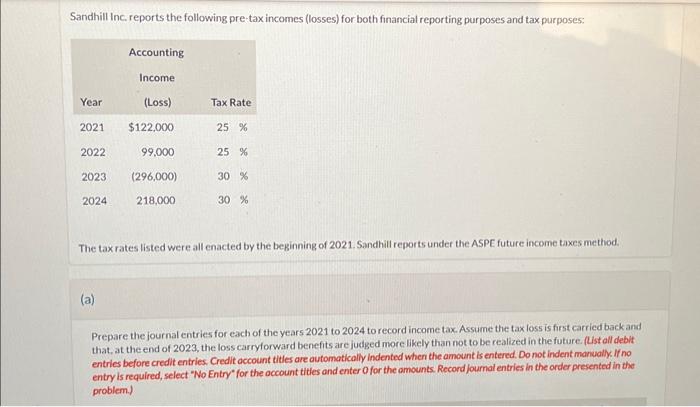 Solved Sandhill Inc, reports the following pre-tax incomes | Chegg.com