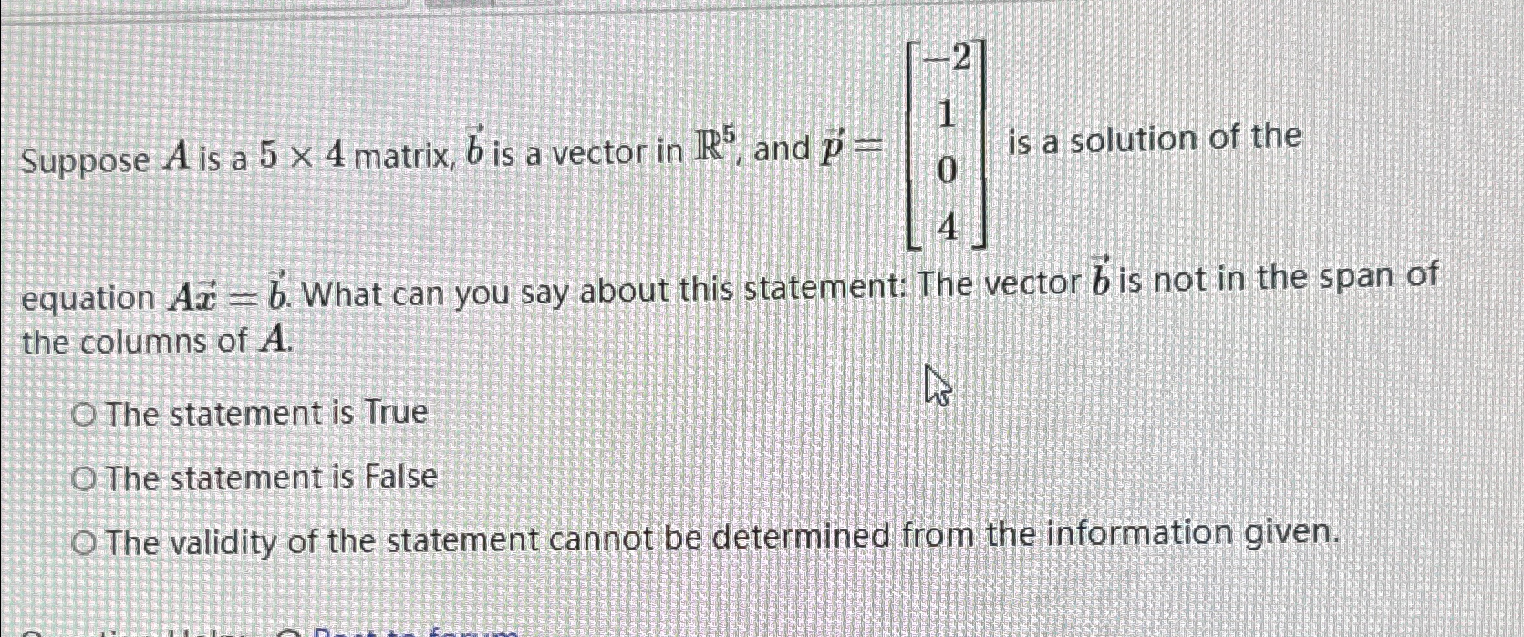 Solved Suppose A ﻿is a 5×4 ﻿matrix, vec(b) ﻿is a vector in | Chegg.com