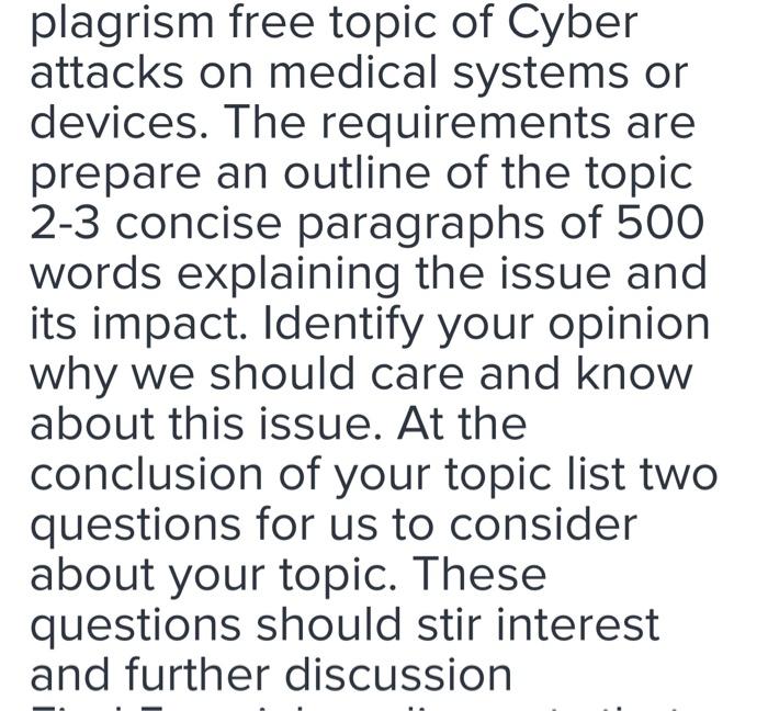 Solved cyber attacks on medical system with 600 words | Chegg.com
