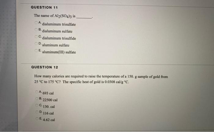 Solved QUESTION 11 The name of Al2(SO4)3 is A dialuminum | Chegg.com