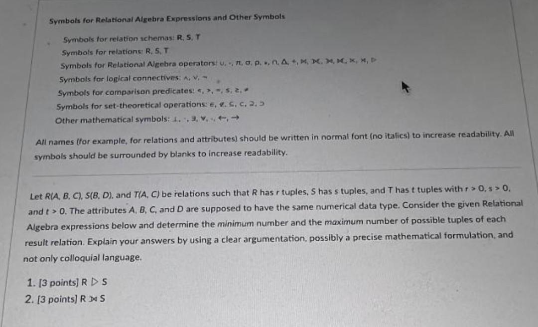 Solved Symbots for Relational Algebra Expresslons and Other | Chegg.com