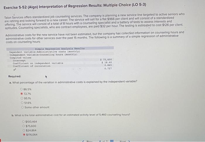 Solved Exercise 5-52 (Algo) Interpretation of Regression | Chegg.com