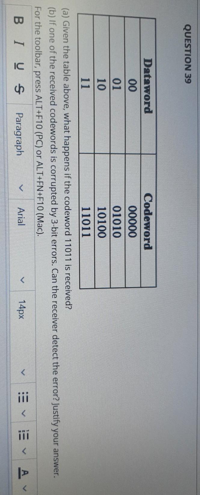 Solved QUESTION 39 Dataword 00 01 10 11 Codeword 00000 01010 | Chegg.com