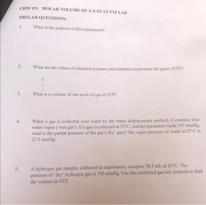 Solved CHM 151 MOLAR VOLUME OF A GAS AT STP LAB PRELAB | Chegg.com
