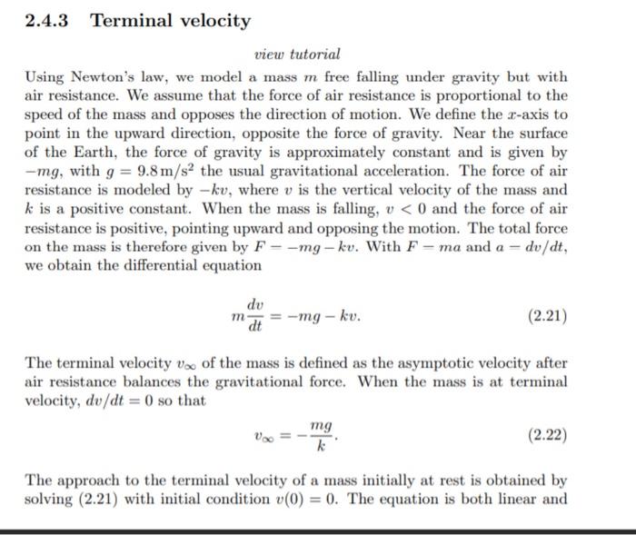 2.4.3 Terminal velocity view tutorial Using Newton's | Chegg.com