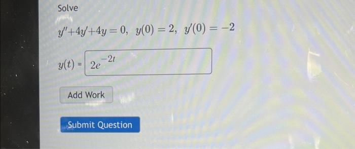 Solved Solve y′′+4y′+4y=0,y(0)=2,y′(0)=−2 y(t)= | Chegg.com