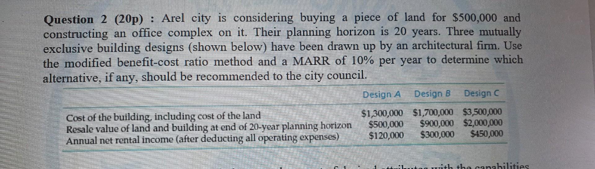 Solved Question 2 (20p) : Arel city is considering buying a | Chegg.com