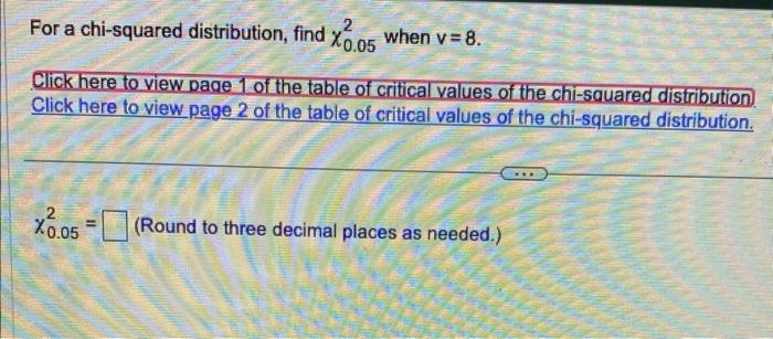 Solved For a chi-squared distribution, find χ0.052 when v=8. | Chegg.com