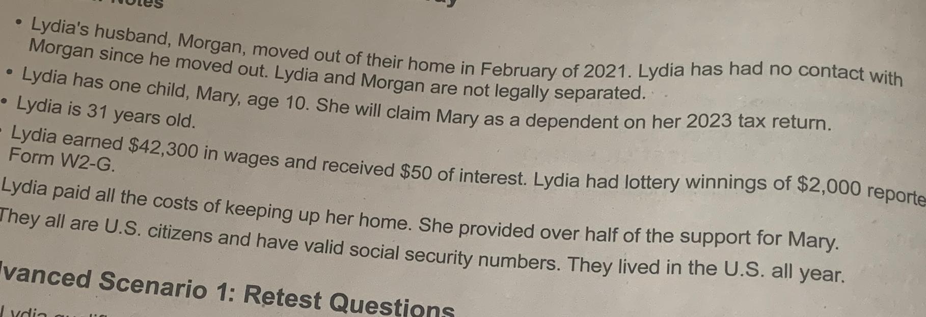 Solved Lydia's husband, Morgan, moved out of their home in | Chegg.com