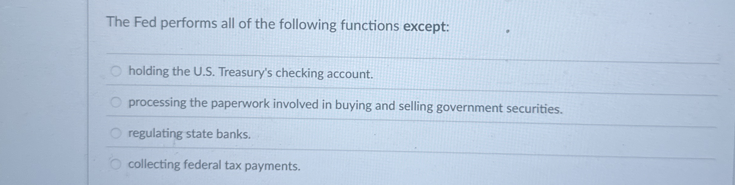 Solved The Fed performs all of the following functions | Chegg.com