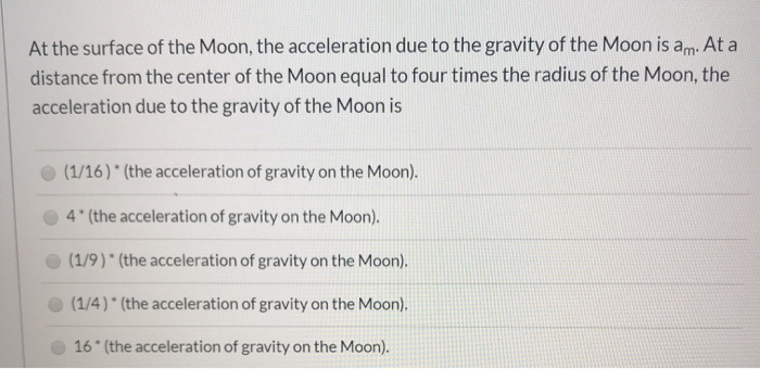Solved At the surface of the Moon, the acceleration due to | Chegg.com