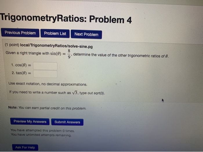 Solved Trigonometry Ratios: Problem 4 Previous Problem | Chegg.com