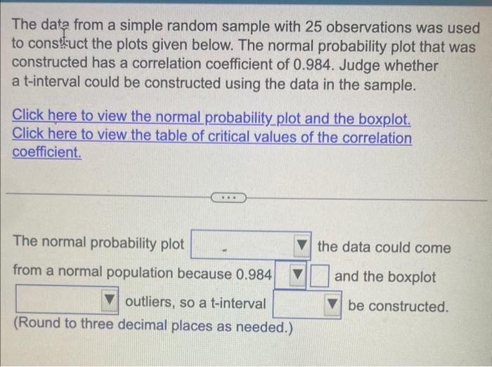 Solved The data from a simple random sample with 25 | Chegg.com