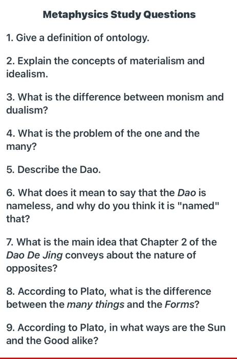 Metaphysics Study Questions 1. Give a definition of | Chegg.com