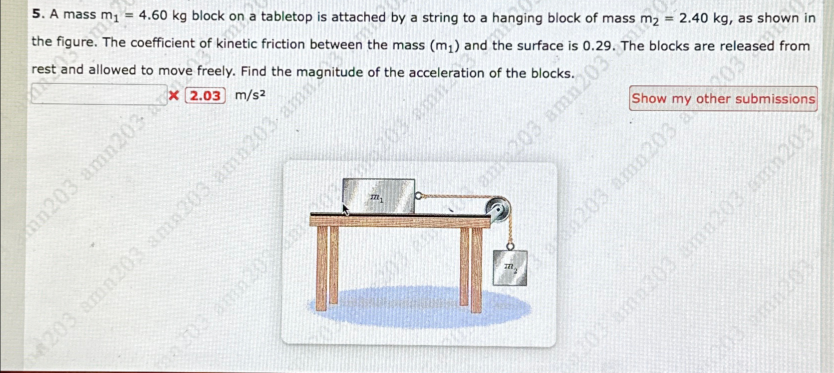 Solved A mass m1=4.60kg ﻿block on a tabletop is attached by | Chegg.com