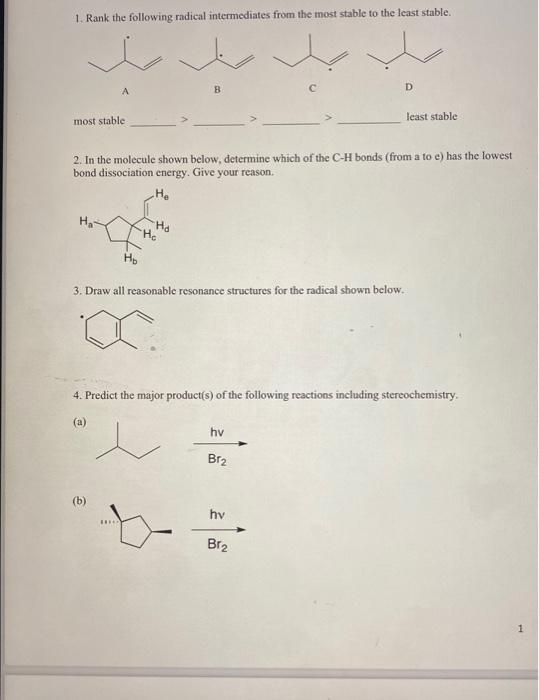 Solved 1. Rank the following radical intermediates from the | Chegg.com