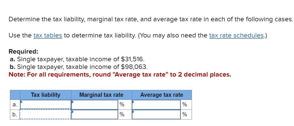 Solved Determine the tax liability, marginal tax rate, and | Chegg.com