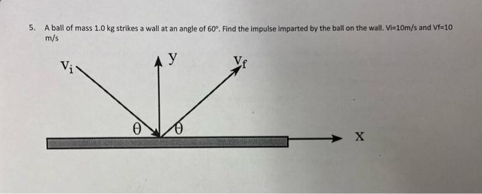 Solved 5. A ball of mass 1.0 kg strikes a wall at an angle | Chegg.com