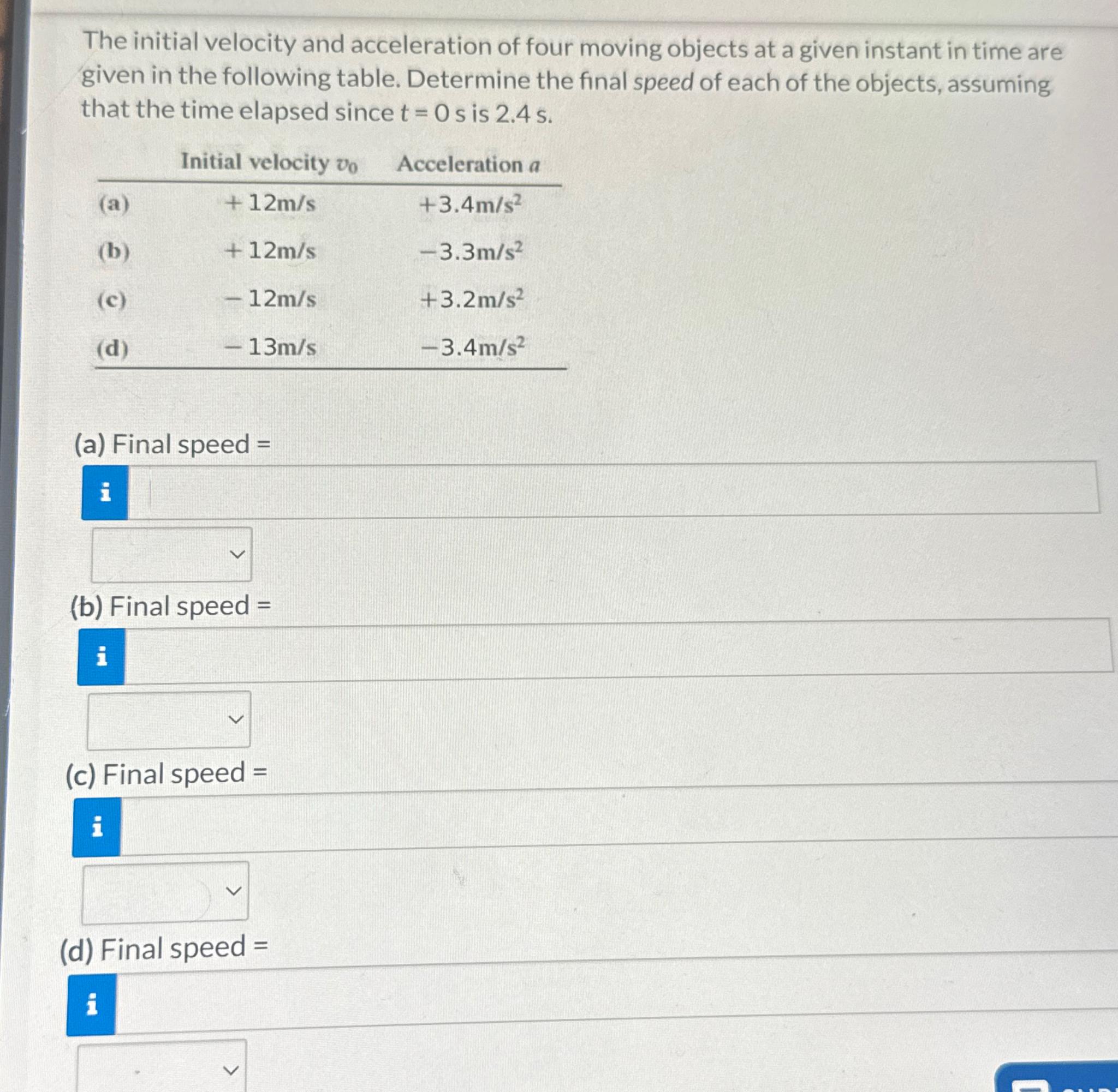Solved The Initial Velocity And Acceleration Of Four Moving