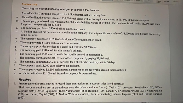 Solved Pane a. e. Problem 2-4B Recording transactions; | Chegg.com