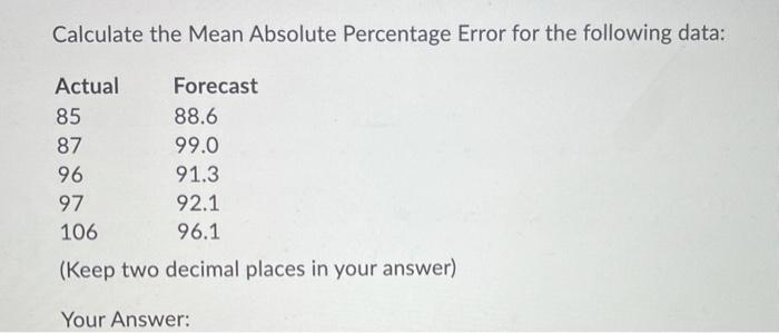 Solved Calculate the Mean Absolute Percentage Error for the | Chegg.com