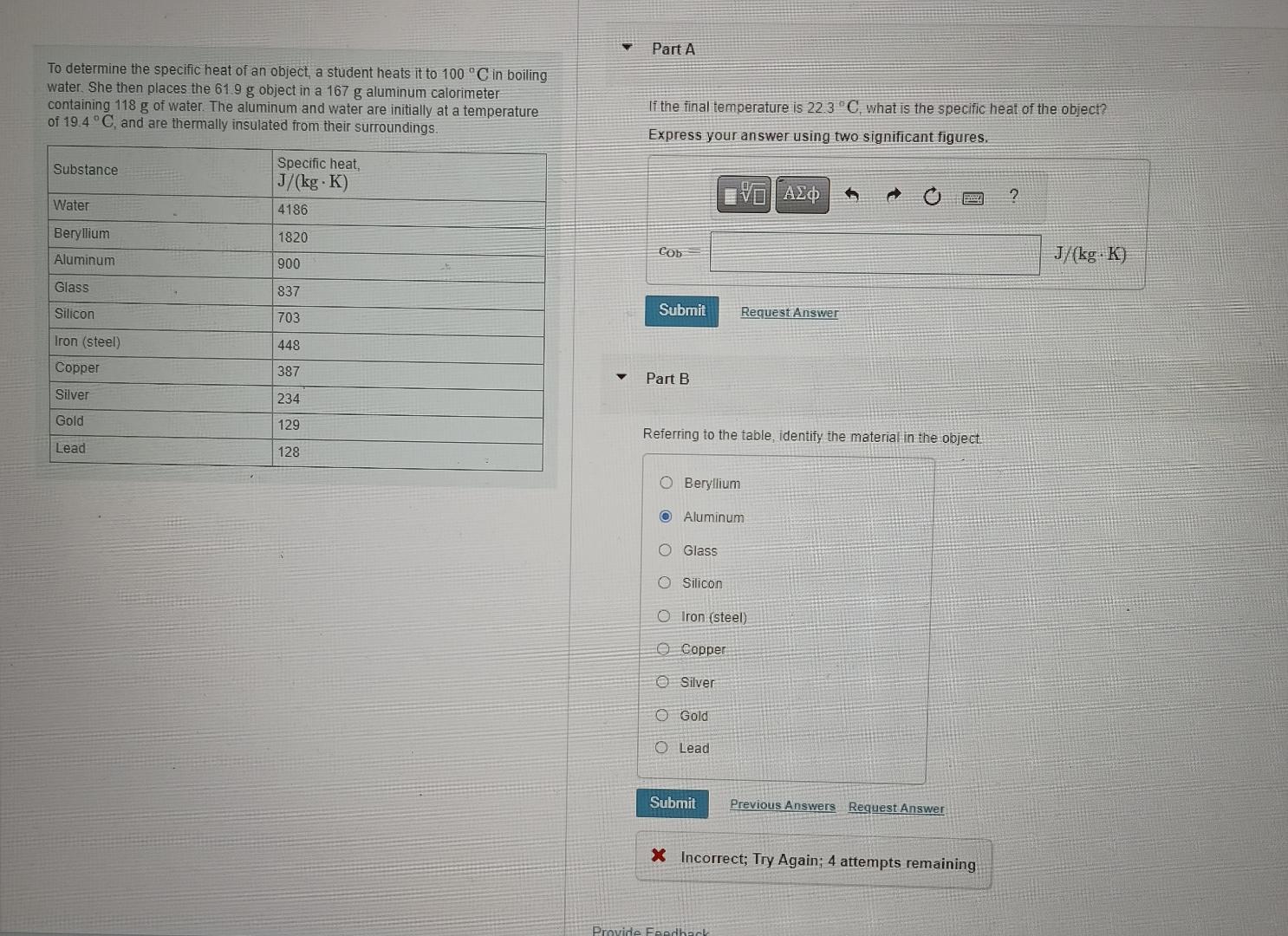 Solved Part ATo determine the specific heat of an object, a | Chegg.com