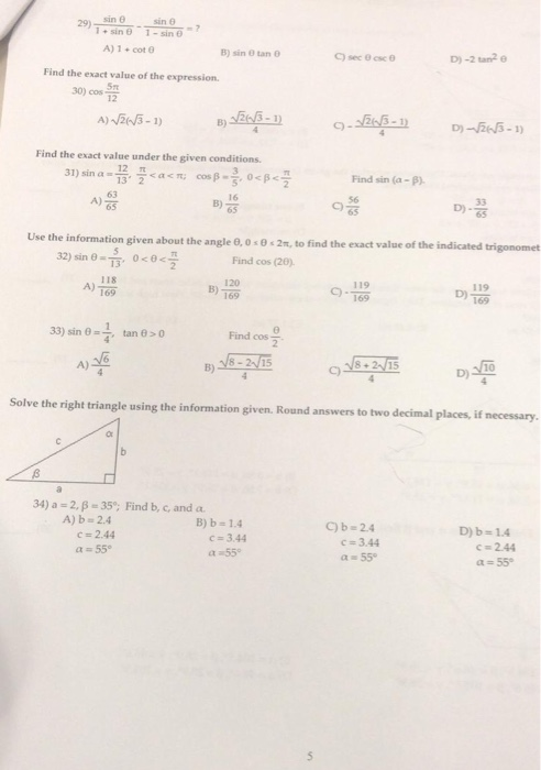 Solved C) secace D) -2 tane 20 Sin e sin 1+sin 1 - sin A) 1 | Chegg.com