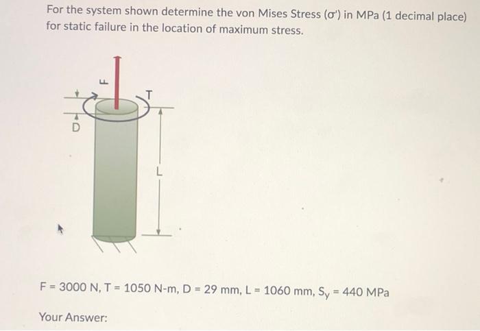 Solved For the system shown determine the von Mises Stress | Chegg.com