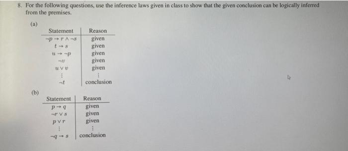Solved 8. For the following questions, use the inference | Chegg.com