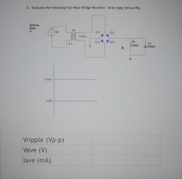 Solved 2) Evaluate the following Full Wave Bridge Rectifier. | Chegg.com