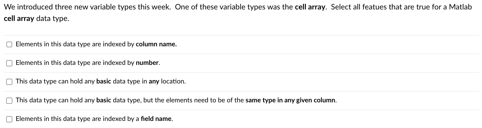 Solved We introduced three new variable types this week. One | Chegg.com