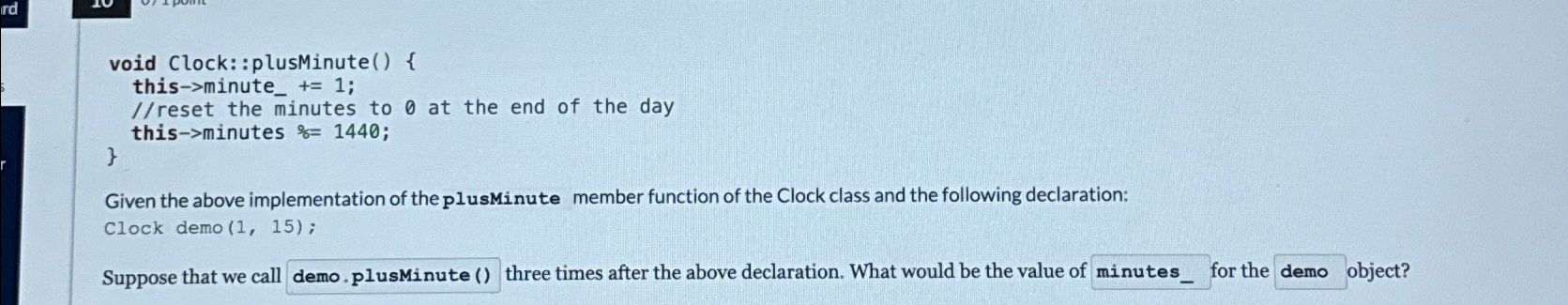 Solved void Clock: :plusMinute() {this → | Chegg.com
