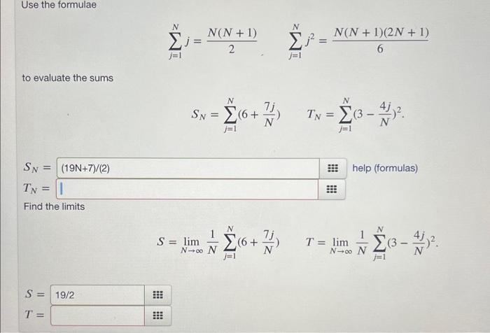 Solved Use the formulae ∑j=1Nj=2N(N+1)∑j=1Nj2=6N(N+1)(2N+1) | Chegg.com