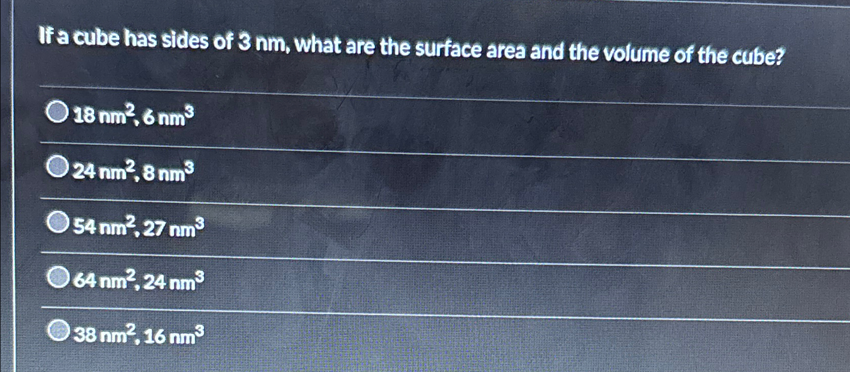 Solved If a cube has sides of 3nm, ﻿what are the surface | Chegg.com