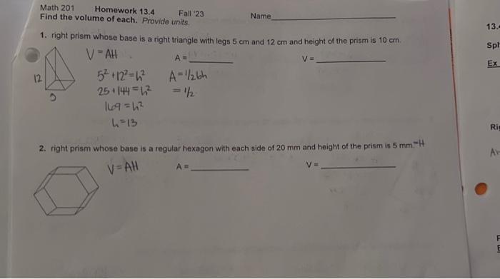 Solved 1. right prism whose base is a right triangle with | Chegg.com