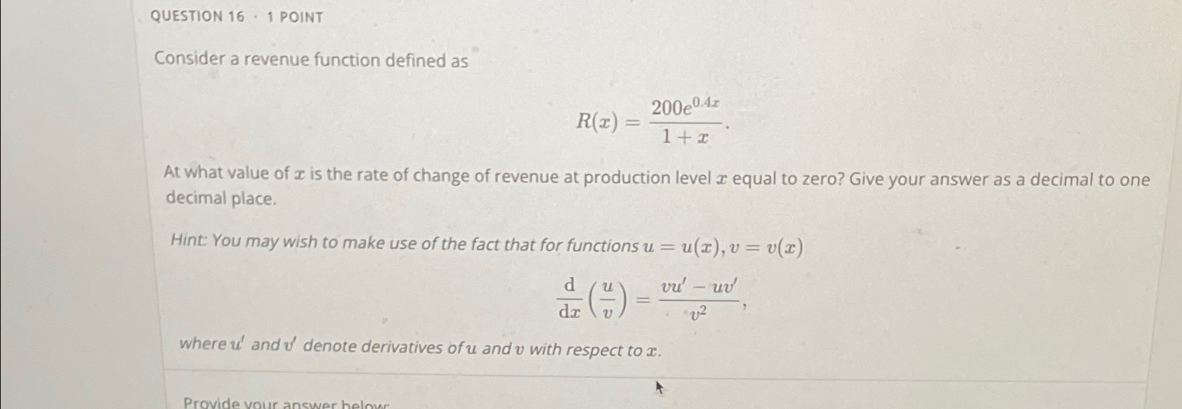 Solved QUESTION 16 - 1 ﻿POINTConsider a revenue function | Chegg.com