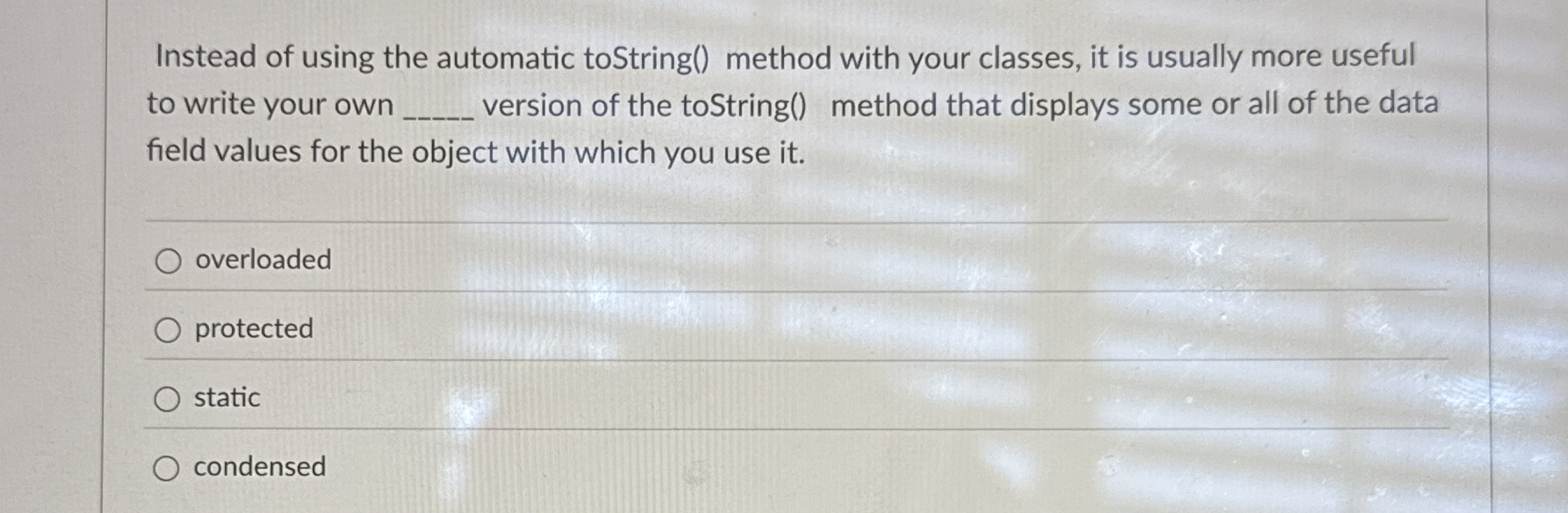 Solved Instead of using the automatic toString() method | Chegg.com Solved Instead of using the automatic toString() method | Chegg.com