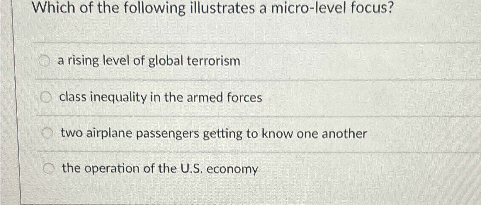 Solved Which of the following illustrates a micro-level | Chegg.com