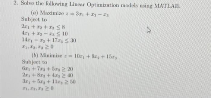 Solved 2. Solve the following Linear Optimization models | Chegg.com