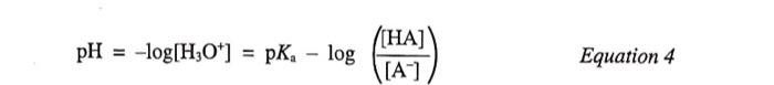 Solved pH=−log[H3O+]=pKa−log([A−][HA]) Equation 4Part 1. pH | Chegg.com