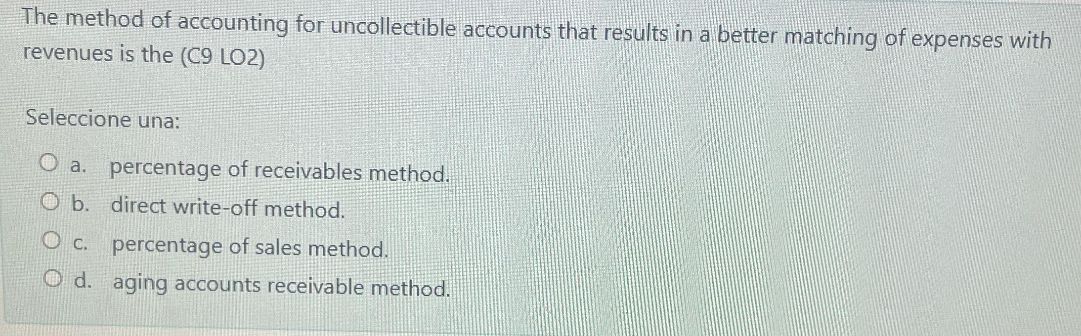 Solved The method of accounting for uncollectible accounts | Chegg.com