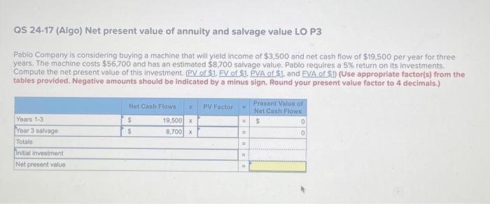 QS 24-17 (Algo) Net present value of annuity and | Chegg.com