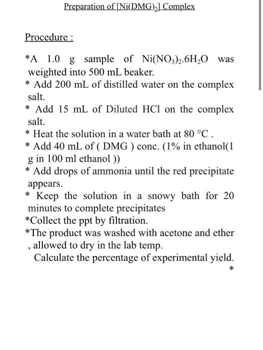 Solved Preparation of [Ni(DMG)2] Complex Procedure : *A 1.0 | Chegg.com