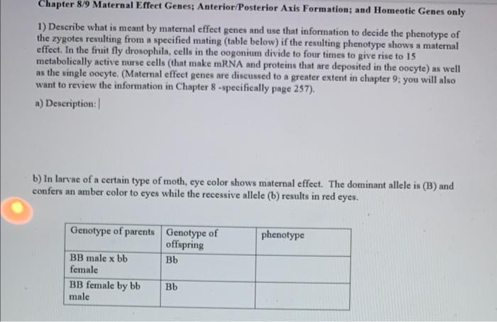 Solved Chapter 8/9 Maternal Effect Genes; Anterior/Posterior | Chegg.com