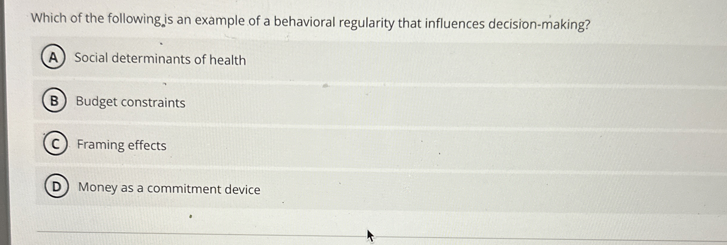 Solved Which of the following is an example of a behavioral | Chegg.com