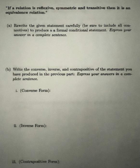 Solved "If a relation is reflexive, symmetric and transitive | Chegg.com