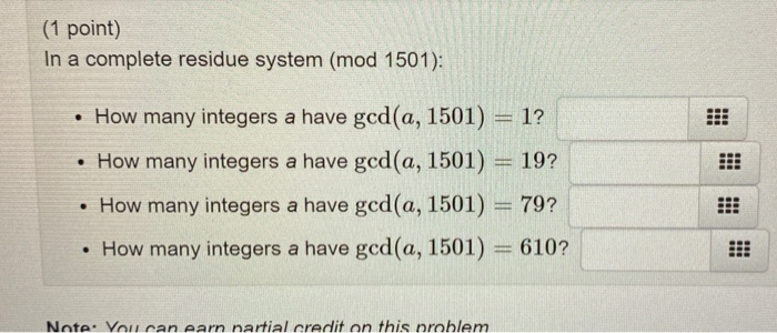 Solved (1 point) In a complete residue system (mod 1501): • | Chegg.com