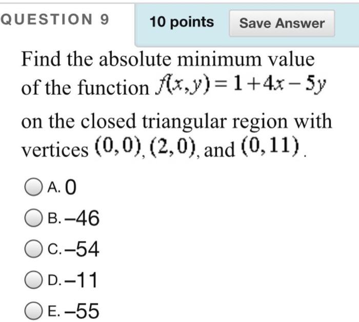 Solved Find the absolute minimum value of the function | Chegg.com