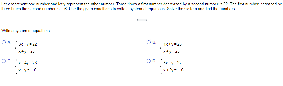 Solved Let x ﻿represent one number and let y ﻿represent the | Chegg.com